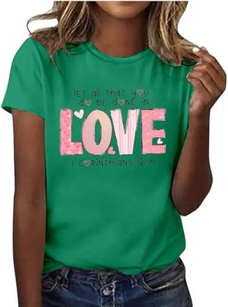 Generic T-shirt d&eacute;contract&eacute; &agrave; manches courtes et col rond imprim&eacute; coeur pour femme 2026 Saint-Valentin (2), Vert, 3XL