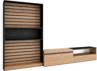 Skraut Home Wohnzimmerm&ouml;bel f&uuml;r TV | Esstisch-Set | 210 x 186 x 35 cm | f&uuml;r Fernseher bis 80 Zoll | TV-M&ouml;bel | moderner Stil | Eiche und Schwarz