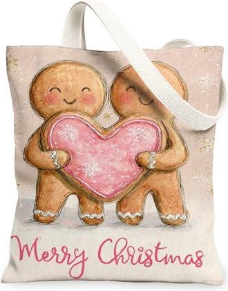 Generic Sacs fourre-tout en toile de pain d&eacute;pice de No&euml;l, jolis sacs d&eacute;picerie, r&eacute;utilisables, l&eacute;gers et lavables avec bandouli&egrave;re pour voyage, pique-nique, 3