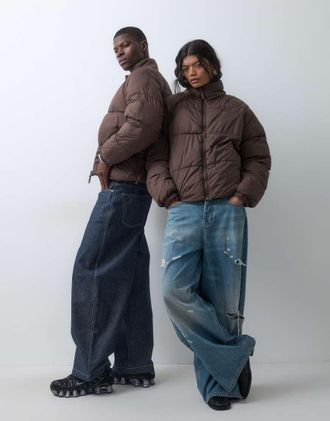 Collusion Unisex-Pufferjacke mit Stehkragen in Braun-Gr&uuml;n