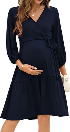 KOJOOIN Damen Umstandskleid V-Ausschnitt 3/4 Ärmel Stillkleid Rüschen Schwangerschafts Kleider mit Gürtel DunKelblau(3/4 Ärmel) XXL