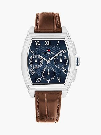 Tommy Hilfiger Montre &agrave; cadran carr&eacute; bleu et bracelet marron
