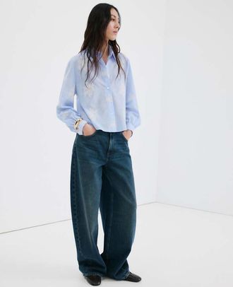 Mango Chemise &agrave; broderie florale bleu ciel - Femme - XS - MANGO