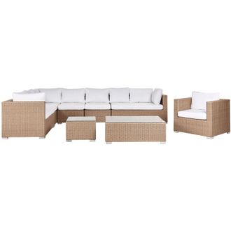 Beliani Gartenm&ouml;bel Set Sandbeige Rattan u. Aluminium Modular mit 2 Couchtischen Mehrere Kissen Cremewei&szlig; 8-Sitzer Lounge Set Terrasse Outdoor Modern