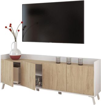 PEGANE Pegane - Meuble tv, meuble de salon avec 4 portes coloris blanc, ch&ecirc;ne - Hauteur 63 x Longueur 180 x profondeur 33 cm