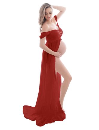 Feoya Frauen Schwangerschaftskleid, Damen Mutterschaft Spitzenkleid Schulterfreies Kleid Schwangere Elegante Fotografie St&uuml;tzen Off Schultern Mutterschaft K