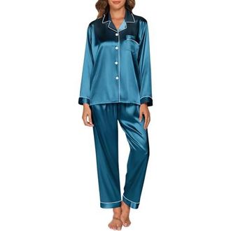 Generic Ensemble de pyjama classique boutonné en satin de soie pour femme, chemise à manches longues, vêtement dintérieur avec pantalon à taille élastique, do