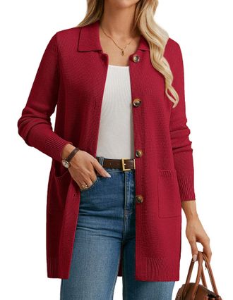 Grace Karin Damen Revers Kragen Strickjacke Langarm Kn&ouml;pfe Mittellang Festlich Cardigan mit Taschen CL172-10/Rot XL