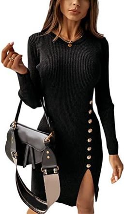 Onsoyours Robe Pull Longue Femme Mode &Eacute;l&eacute;gante Pull Col Rond Manche Longue Pulls &Eacute;pais Casual Robe Taille Haute Couleur Unie Maxi Robe E Noir M