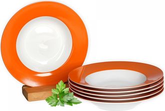 Van Well van Well Vario Suppenteller-Set 6-teilig - Teller-Service für 6 Personen - tiefe Pasta-Teller 21,5cm - Porzellan-Set weiß mit Rand in Orange - Salat-T