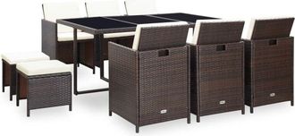 vidaXL 11-tlg. Garten-Essgruppe mit Auflagen Poly Rattan Braun vidaXL