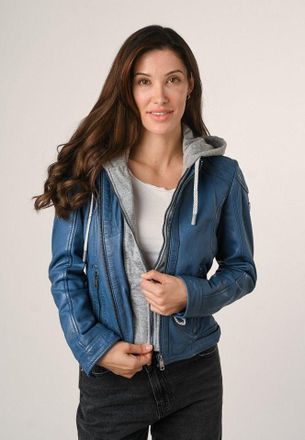 Mauritius Lederjacke MWAdila Mauritius - Damen Lederjacke Lammnappa Kapuze blau