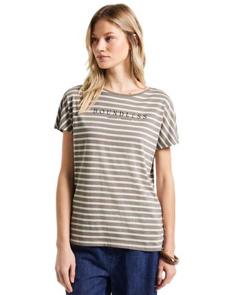 Street One Damen A323175 Streifenshirt mit Wording, Vintage Stone, 44