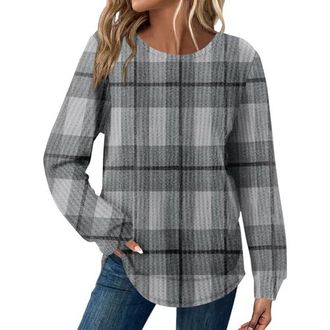 Generic Pull Femme Hiver Chic et &eacute;l&eacute;gant col Rond Pullover Ample D&eacute;contract&eacute; Sweatshirts Mode Imprim&eacute; &agrave; Carreaux Manche Longue Pull Femme Chaud Tops Gris fonc