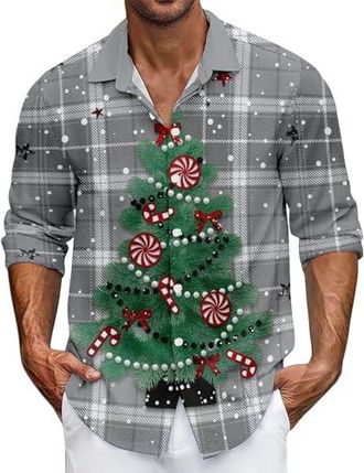 Generic Chemise de No&euml;l pour homme - Manches longues - Imprim&eacute; neige - Motif sapin de No&euml;l - T-shirt d&eacute;contract&eacute; boutonn&eacute; - Chemise hawa&iuml;enne amusante pour f&ecirc;