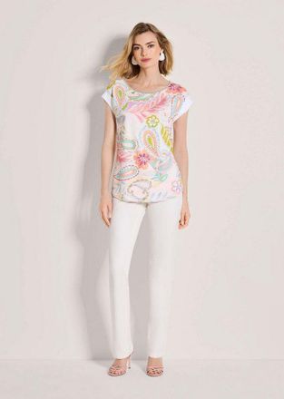 Madeleine Print-Shirt Paisley-Print Shirt mit Stretch, Rundhals Bedrucktes Oberteil mit floralem Muster, unifarbenes R&uuml;ckenteil