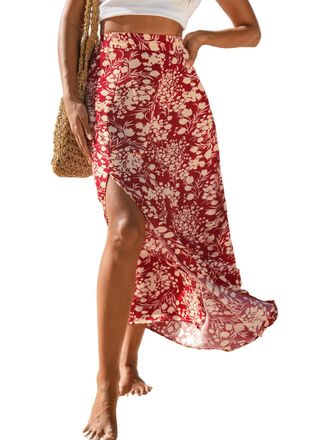 Cupshe Damen Rock Blumen Druck Maxirock Hohe Taille Seitenschlitz A-Linie Sommer Elegent Strandrock mit Reißverschluss Rot XL