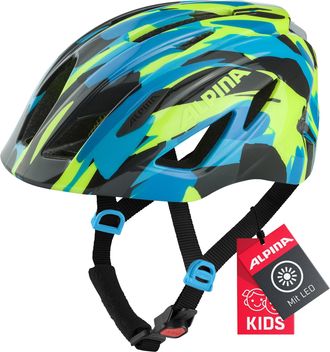 Alpina PICO Flash - Beleuchteter, Leichter & Bruchfester Fahrradhelm Mit Fliegennetz Für Kinder, neon-Blue Green Gloss, 50-55 cm