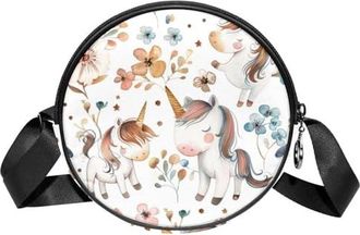 Generic Sac &agrave; bandouli&egrave;re rond pour femme, motif licorne mignonne, petit sac &agrave; bandouli&egrave;re avec fermeture &eacute;clair, bretelles r&eacute;glables, sac &agrave; main rond d&eacute;contr