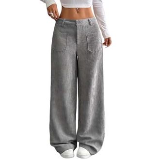 Generic Pantalon palazzo ample en velours côtelé pour femme, décontracté et confortable avec poches, gris, XL