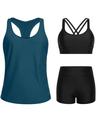 Holipick 3-teiliger athletischer Tankini-Badeanzug f&uuml;r Damen, Tank-Top, Badeanz&uuml;ge mit Jungen-Shorts und Sport-BH, Badebekleidung, Blaugr&uuml;n/Ein Hauch von Parad
