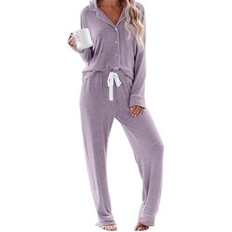 Generic Ensemble de pyjama 2 pi&egrave;ces &agrave; manches longues boutonn&eacute;es pour femme, col crant&eacute;, v&ecirc;tements de nuit, v&ecirc;tements de nuit doux, violet, 3XL