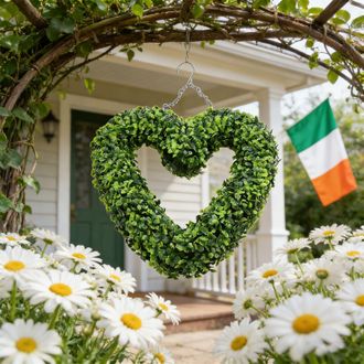 Generic Valentinstag Buchsbaumkranz, Handgefertigt, 16,5 Zoll 3D herzf&ouml;rmige k&uuml;nstliche gr&uuml;ne Kr&auml;nze, f&uuml;r Valentinstag, Party, Zuhause, Wand, Hochzeit (1)