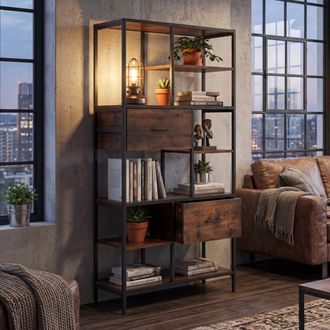 Mendler Regal HWC-P11, Regalschrank B&uuml;cherregal Standregal, Schubladen Industrial MDF Metall Melamin 150x81x33cm - Dunkelbraun