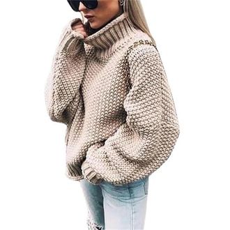 Generic Pull surdimensionn&eacute; &agrave; col roul&eacute; en grosse maille torsad&eacute;e pour femme, kaki, 3XL