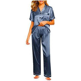 Generic Pyjama Femme &Eacute;t&eacute; en Coton en Satin De Soie Chemise De Nuit Chemise avec Boutonni&egrave;re Tops Et Pantalon Longs Pyjama Set Respirant Pantalon De Pyjama pou