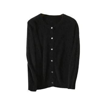 Generic Cardigan chaud en cachemire pur pour femme - Col rond - Manteau ample &agrave; boutons - Haut en tricot uni, noir, Taille XS