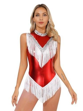 TiaoBug Femme Justaucorps de Gymnastique M&eacute;tallique Combinaison Body de Danse Frang&eacute;e Brillante L&eacute;otards Danse Ballet Jazz Latine Tango Dancewear S-XXL Rouge 