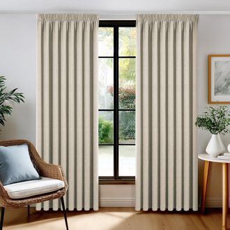 Deconovo Leinen Verdunklungsvorhang mit Kr&auml;uselband, 100% Blickdicht, Thermo & Schallschutz, Leinenoptik Blackout Gardine f&uuml;r Wohnzimmer, H229 x B140 cm, Leine