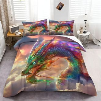 Generic Bettbezug Bettwäsche Set 3 TLG Riesiger Regenbogendrache Kissenbezug 80x80cm 135 x 200 cm Bettdeckenbezug Modern Deckenbezug Bettwaesche Farbe