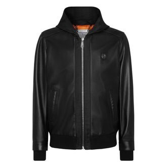 Philipp Plein Leder-Bomberjacke mit Kapuze und Satin-Eins&auml;tzen - - Jackets - Herren - Schwarzk - XS