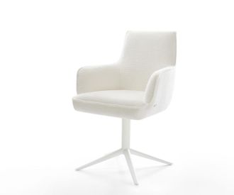DELIFE Drehstuhl Heira-Flex mit Armlehnen Boucl&eacute; Soft Beige Fu&szlig;kreuz Wei&szlig; 360&deg; drehbar Wippfunktion Taschenfederkern, Esszimmerst&uuml;hle