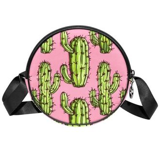 Generic Sac &agrave; bandouli&egrave;re rond pour femme, motif cactus rose, petit sac &agrave; bandouli&egrave;re avec fermeture &eacute;clair, bretelles r&eacute;glables, sac &agrave; main rond d&eacute;contract&eacute; 