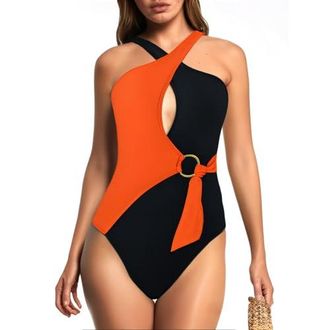 Generic Maillot de bain une pi&egrave;ce pour femme - Monokini imprim&eacute; push-up - Contr&ocirc;le du ventre - Couleur unie - Style vintage - V&ecirc;tements de bain d&eacute;t&eacute;, Orange, 