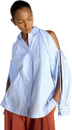 Erika Cavallini Semi Couture Femme, Blouses et Chemises, Bleu, Taille: 40 FR Chemise &agrave; Manches Longues en Popeline Ray&eacute;e