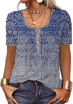 Onsoyours T-Shirt Col V Blouses à Manches Courtes pour Femmes Imprimé Tunique Tops Lâche Chemisier T-Shirts pour Femmes avec Boutons Basiques Haut Printemps été