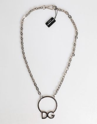 Dolce & Gabbana Silver Tone Brass Chain Dg Logo Pendant Men Necklace Real Zamak