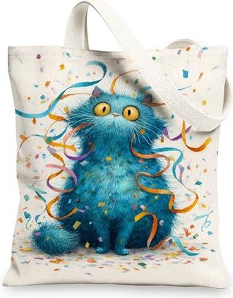 Generic Sac fourre-tout en toile motif chat mignon, sac dépicerie réutilisable, sac dépicerie amusant, léger et lavable avec bandoulière, Bleu, 13x15 Inch