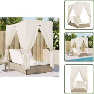 vidaXL Doppel-Sonnenliege mit Dach und Vorh&auml;ngen Beige Poly Rattan - Doppelsonneliege - Liege - Gartenm&ouml;bel - Outdoorm&ouml;bel - Sonnenschirm - The Living Store