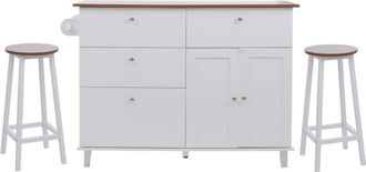 Hhg K&uuml;cheninsel HHG-692 mit 2 Sitzhockern, K&uuml;chenschrank Schublade Stauf&auml;cher MDF 90x131x47cm wei&szlig;, helles Holz