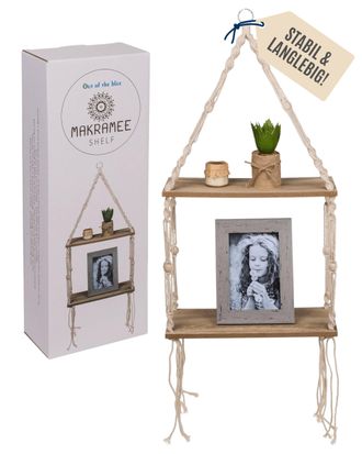 Out of the Blue Holz-Wandregal mit Makramee - Boho-H&auml;ngeregal aus Holz & Baumwolle - Dekoratives Wandregal f&uuml;r Pflanzen, B&uuml;cher & Dekoartikel - Nat&uuml;rliches Design