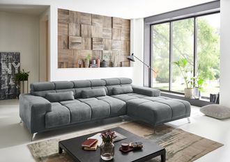 Möbelando Wohnlandschaft >Starlett< in grau, Ottomane rechts, elektrische Sitztiefenverstellung, Metallfüße Chrom, Nosagunterfederung, Bonellfederkern, inkl. 3 