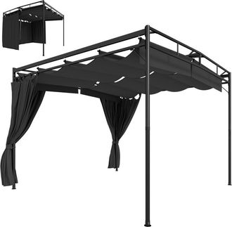 OUTSUNNY Pergola de jardin - tonnelle de terrasse - Outsunny - toit r&eacute;tractable, rideaux, syst&egrave;me de poulie - m&eacute;tal - 3x3m - gris anthracite