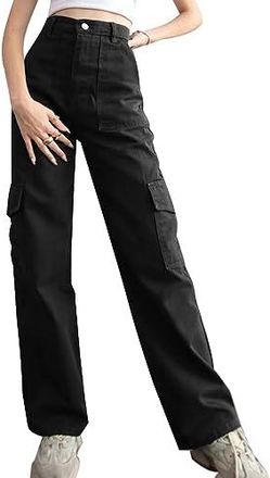 Minetom Femme Pantalon Cargo Streetwear Straight Trousers Biker Pantalon de Sportive Jogging Sweatpants avec Poches A Noir XXL