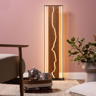 Lightbox LED Stehlampe - Standleuchte mit rustikalem Holzbalken & Fu&szlig;schalter - Lichtfarbe: 3000 K & Helligkeit: 2300 lm - 120 cm H&ouml;he & 33 cm L&auml;nge - aus Alum