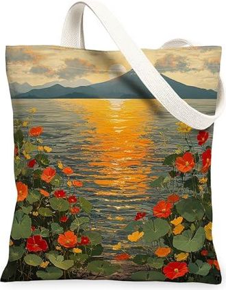 Generic Sac fourre-tout en toile de capucine printani&egrave;re pour faire du shopping, 33 x 38,1 cm, sac d&eacute;picerie r&eacute;utilisable pour femme, motif floral, d&eacute;coration